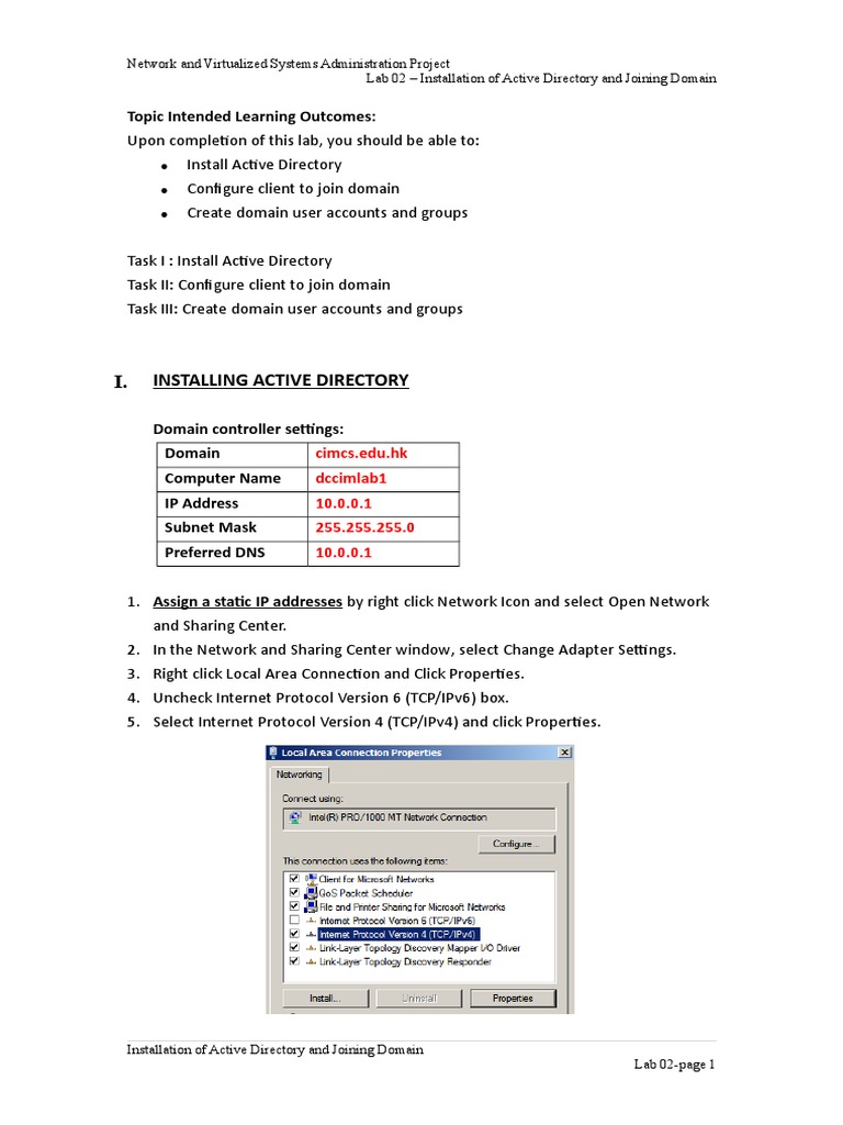 Lab02 - Installation of Active Directory and Joining Domain | PDF | Active Directory | Ip Address