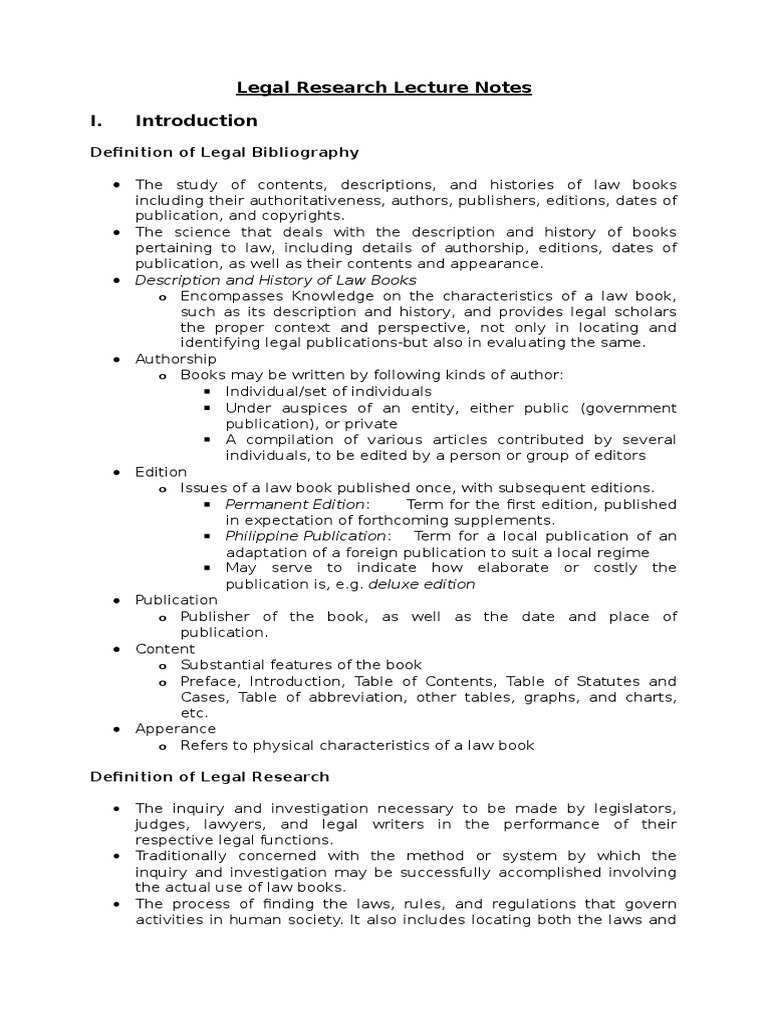 Legal Research Lecture Notes | PDF | Philippines | Government Information