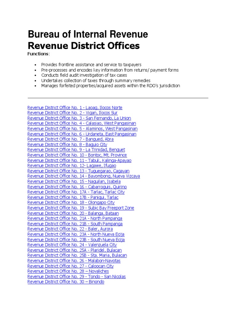 Bureau of Internal Revenue - Revenue District Offices | PDF