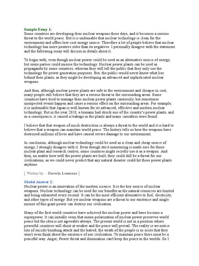 Sample Essay 1:: (Written by - Darwin Lesmana) | PDF | Nuclear Power ...