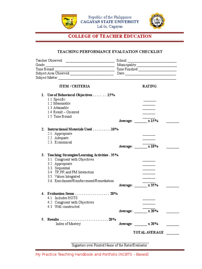 Teaching Performance Evaluation Checklist | Download Free PDF ...