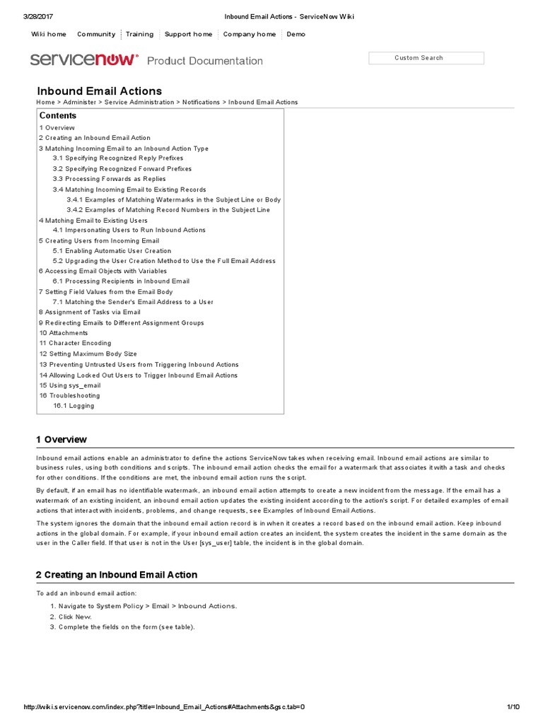 Inbound Email Actions - ServiceNow Wiki | PDF | Microsoft Outlook | Email