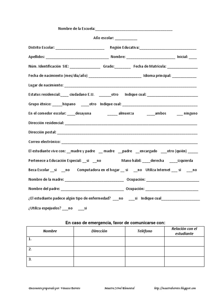 Hoja de Información del Estudiante