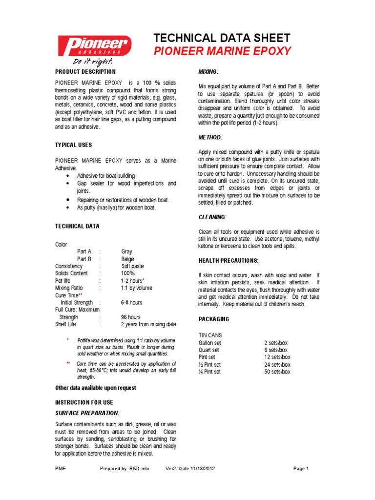 Pioneer Marine - Epoxy Data Sheet | Download Free PDF | Adhesive | Epoxy