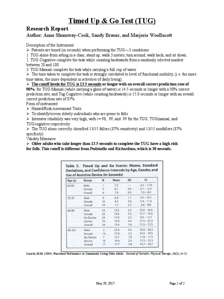 Timed Up and Go Test (TUG | PDF | Chair | Sensitivity And Specificity