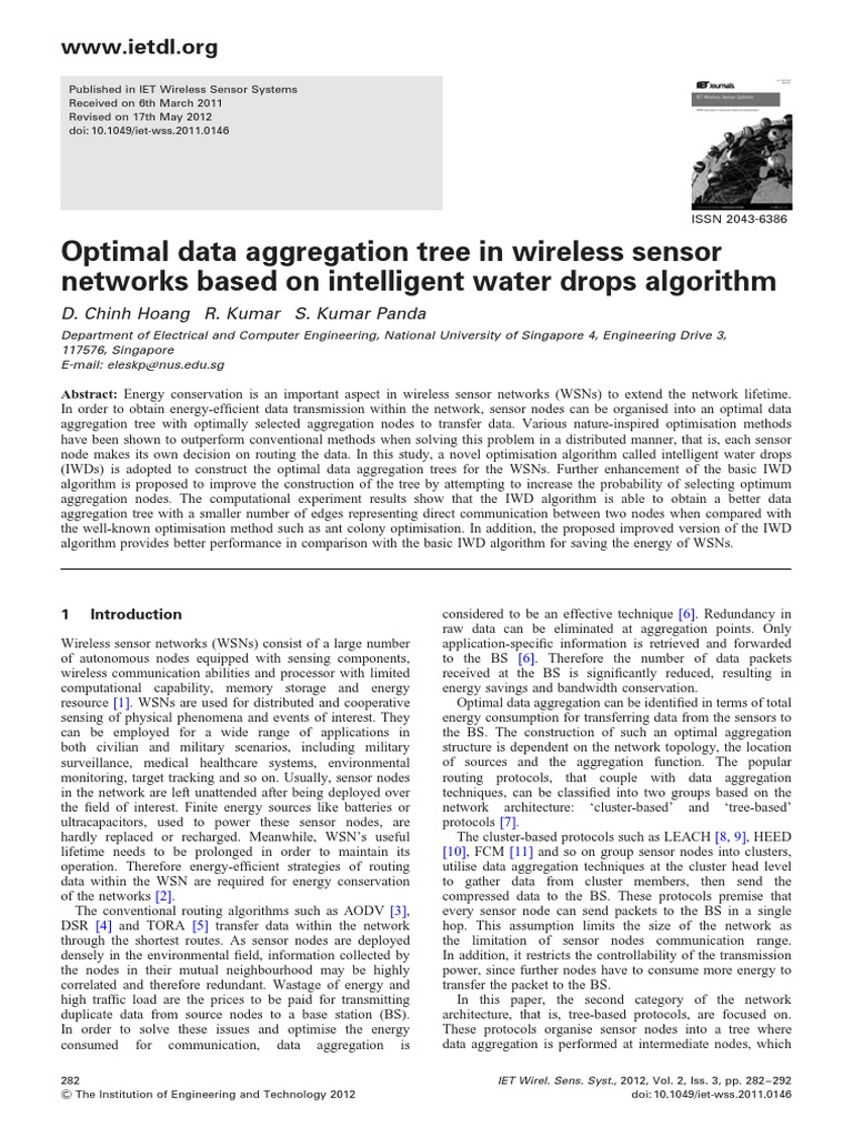 Optimal Data Aggregation Tree in Wireless Sensor Networks Based On Intelligent Water Drops ...