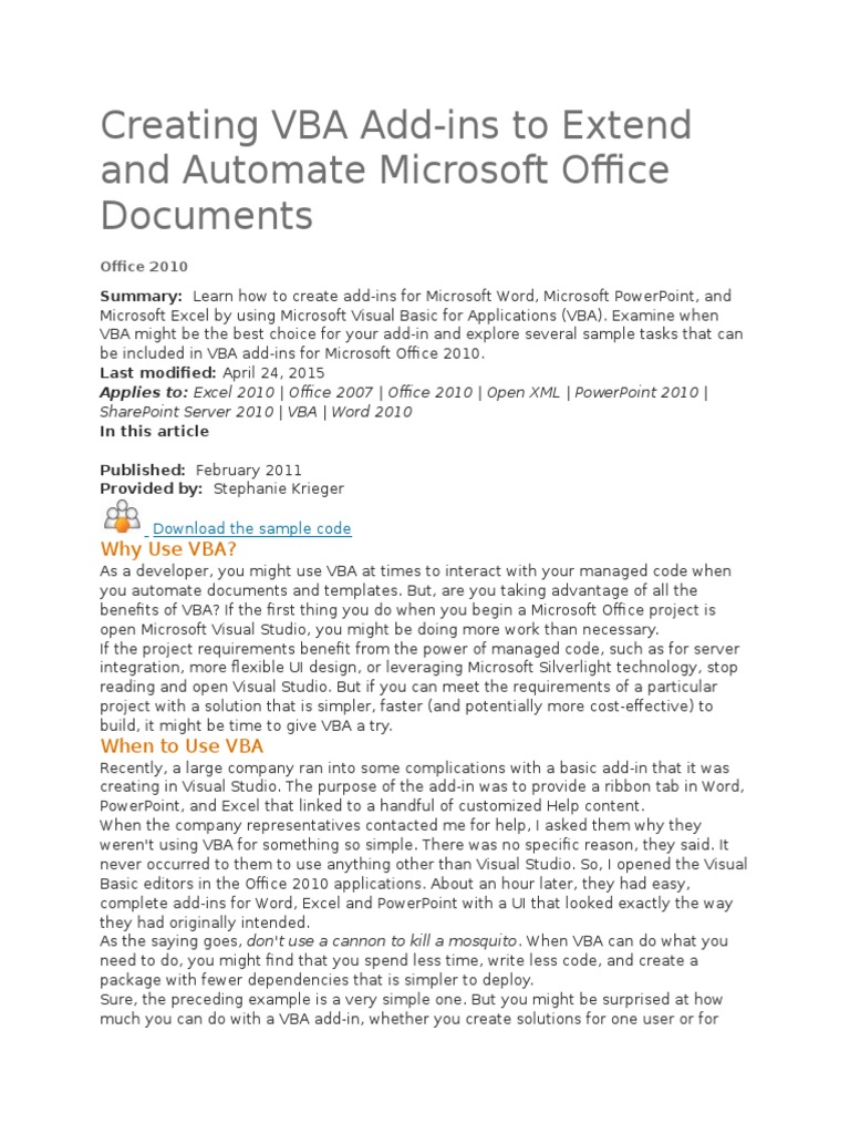 Creating VBA Add-Ins To Extend and Automate Microsoft Office Documents | PDF | Visual Basic For ...