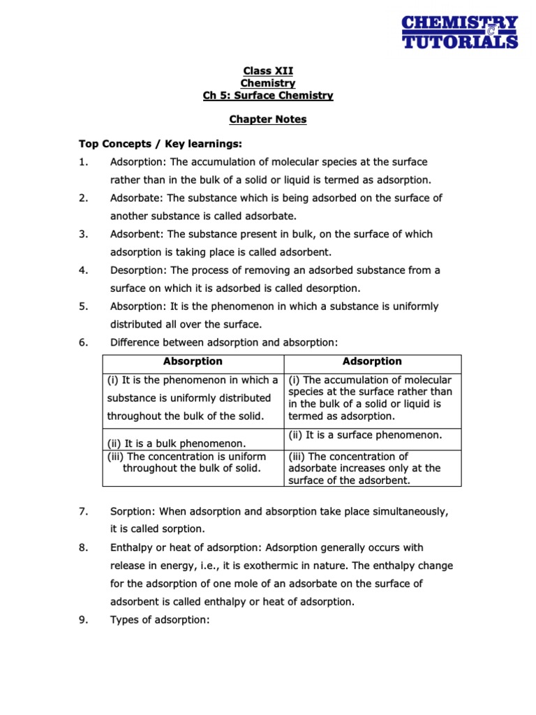 Surface Chemistry Easy Notes | PDF | Adsorption | Catalysis