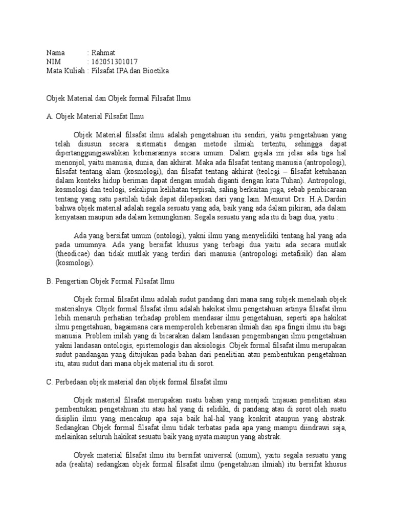Objek Material Dan Objek Formal Filsafat Ilmu | PDF