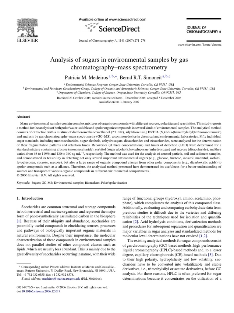 Analysis of Sugars in Environmental Samples by Gas Chromatography-Mass ...