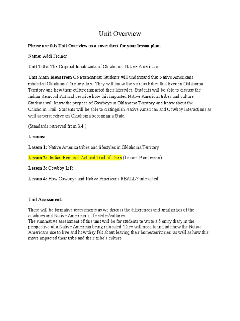 Social Studies Unit Overview and Lesson Plan | PDF | Trail Of Tears ...