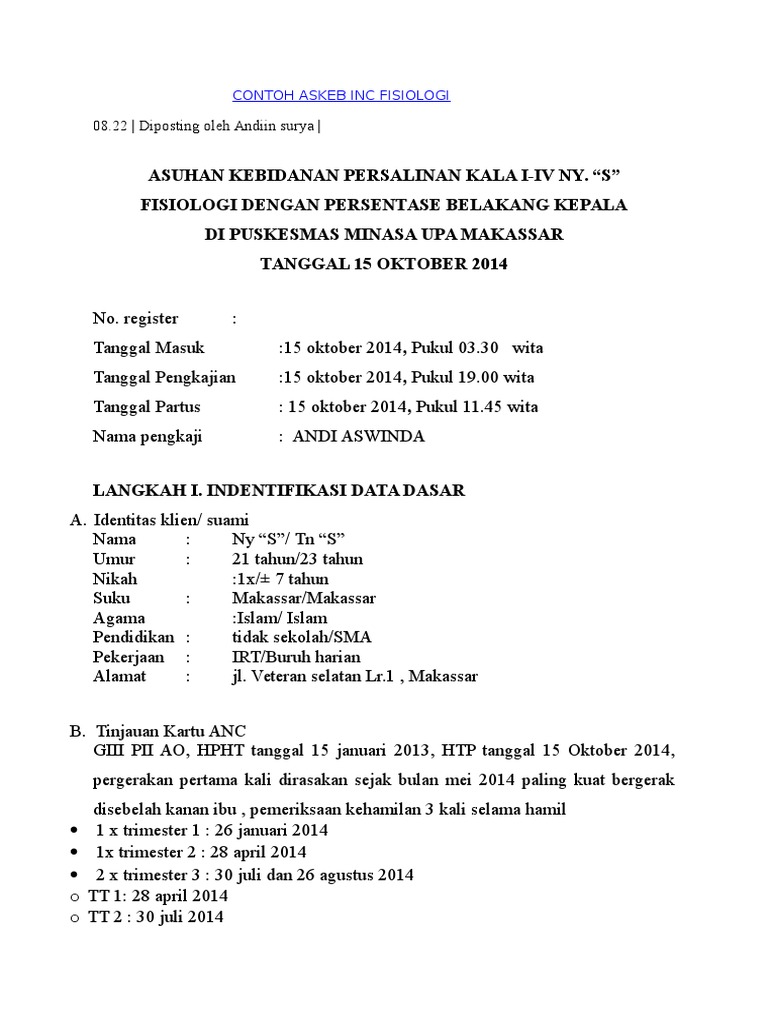 Contoh Askeb Inc Fisiologi | PDF | Kesehatan Holistik | Sains & Matematika