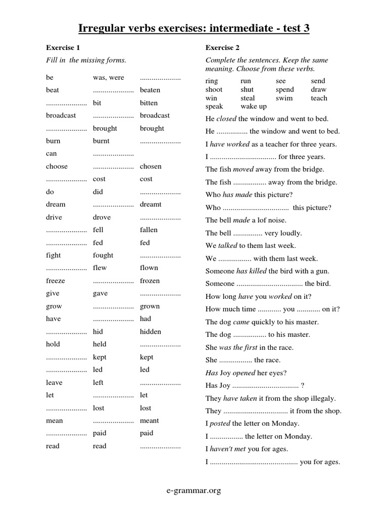 Irregular Verbs Test 3 Pdf Pdf