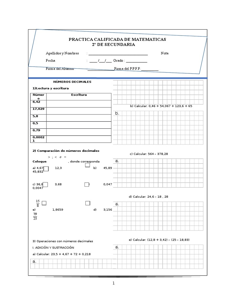 Practica Calificada - Operaciones Con Numeros Decimales | Aritmética ...