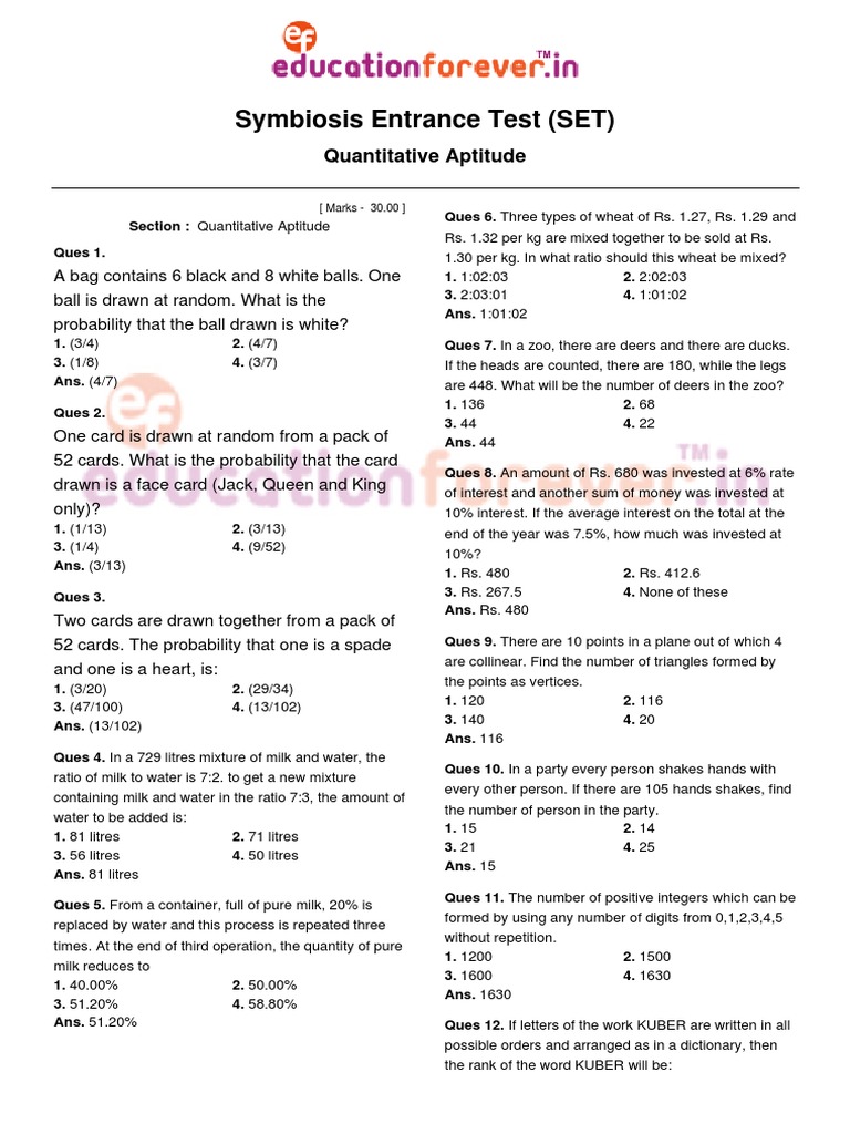 Symbiosis Entrance Test 2024: Quantitative Aptitude | PDF | Ratio ...