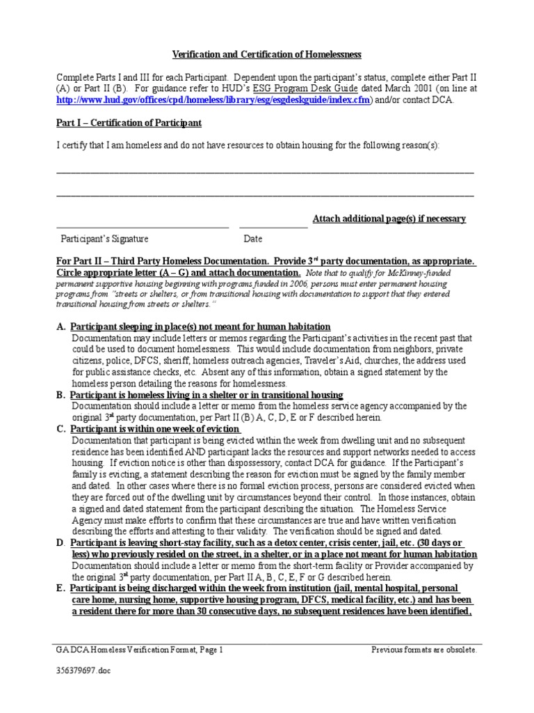 1 DCA Verification of Homelessness (Rev1!19!06) | PDF | Homelessness ...