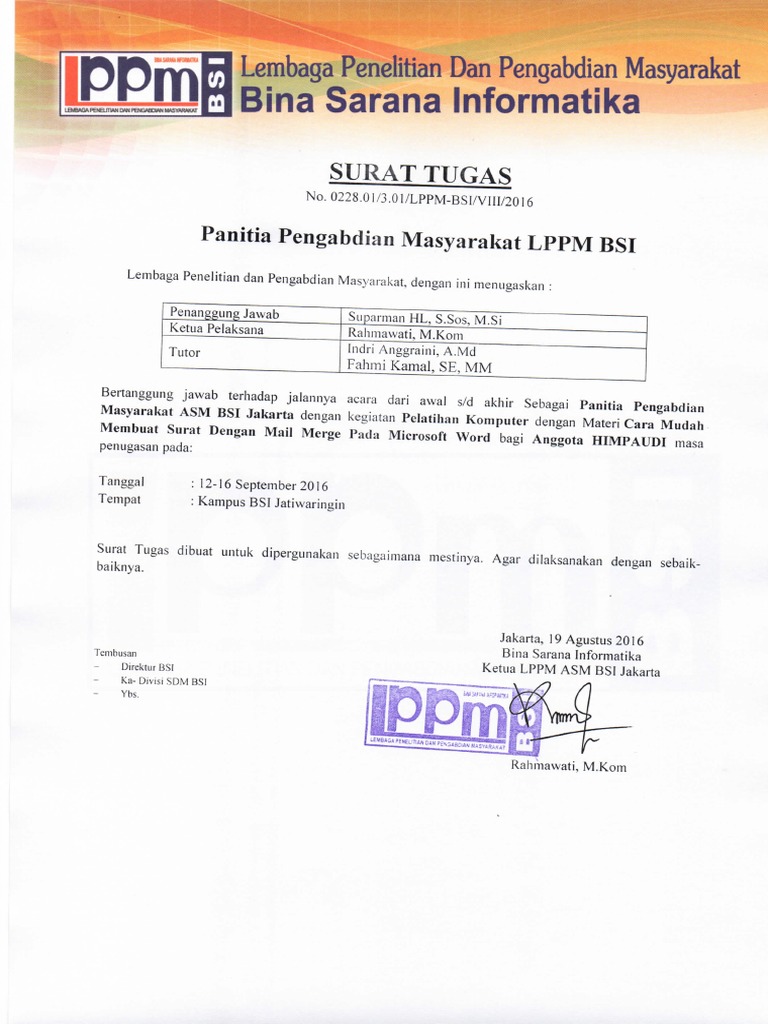 Surat Tugas Dari LPPM BSI | PDF