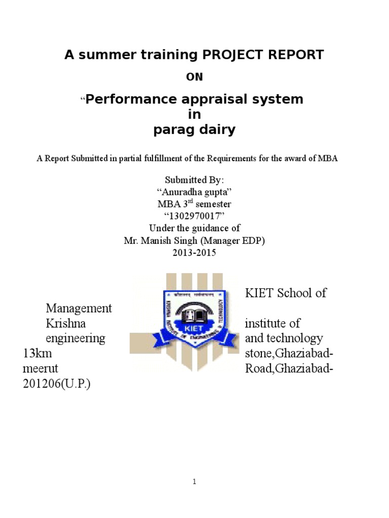 A Summer Training PROJECT REPORT Performance Appraisal System in Parag ...