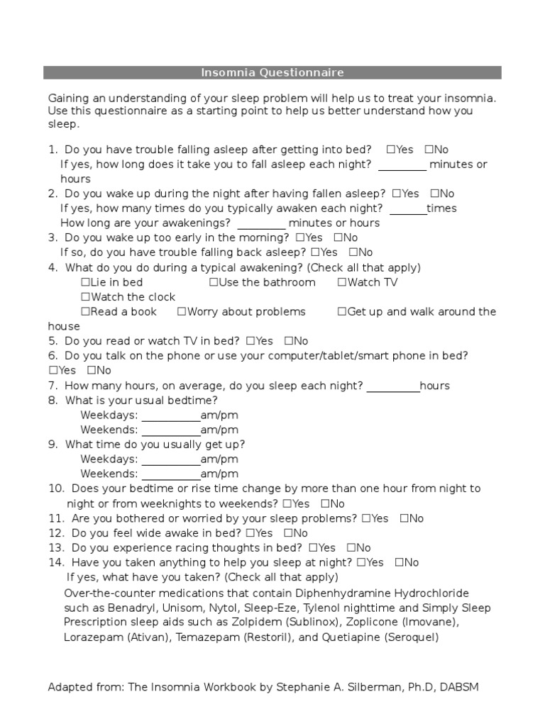 Insomnia Questionnaire | PDF | Insomnia | Sleep