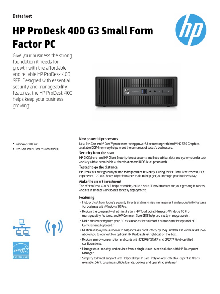 HP Prodesk 400 G3 Small Form Factor PC: Datasheet | PDF | Blu Ray ...