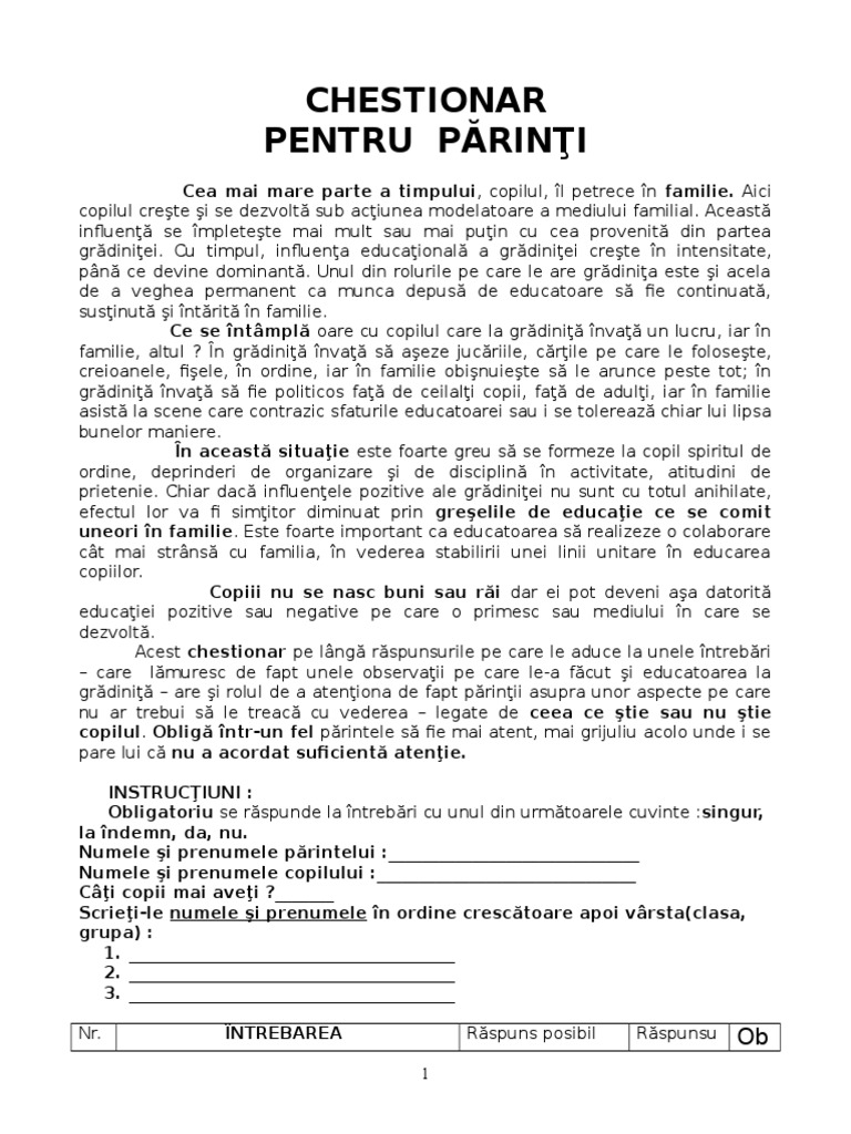 Model Chestionar Parinti