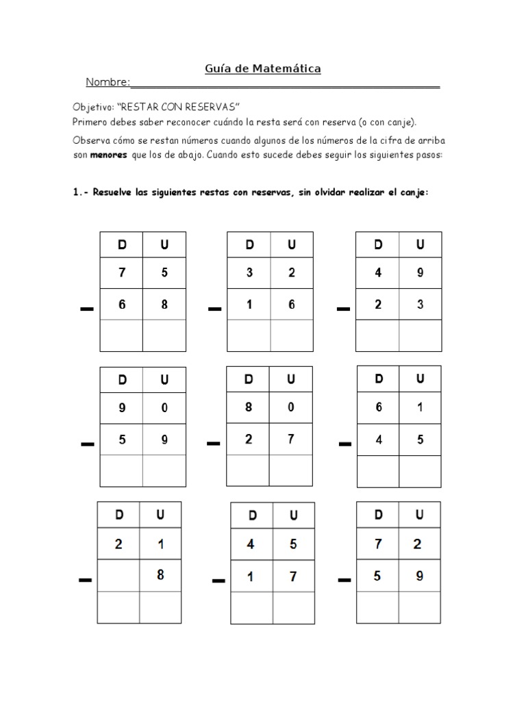 Guía de Matemática Sustracción Con Canje | PDF | Sustracción ...