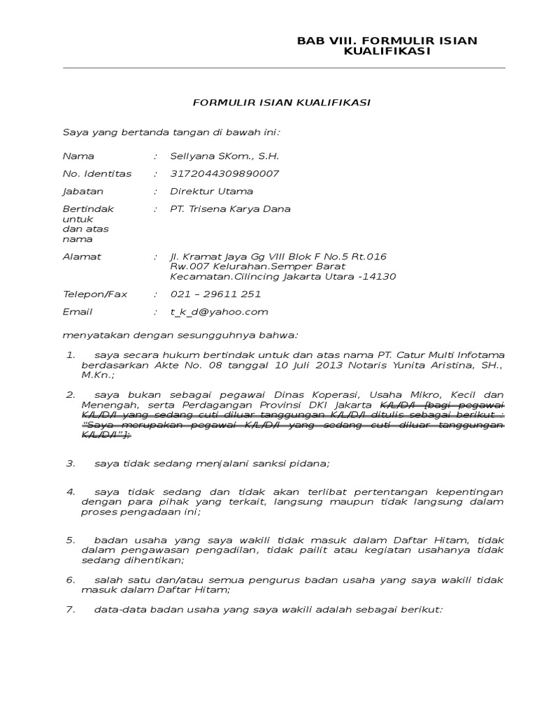 Contoh Isian Formulir Kualifikasi | PDF