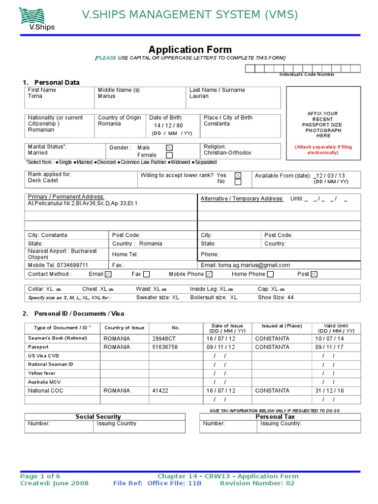 Vships Application Form | PDF | Oil Tanker | Identity Document