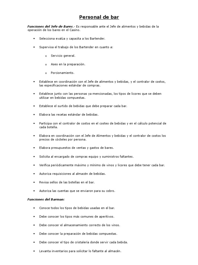Funciones del Jefe de Bar y Barman | PDF | Bar | Barman