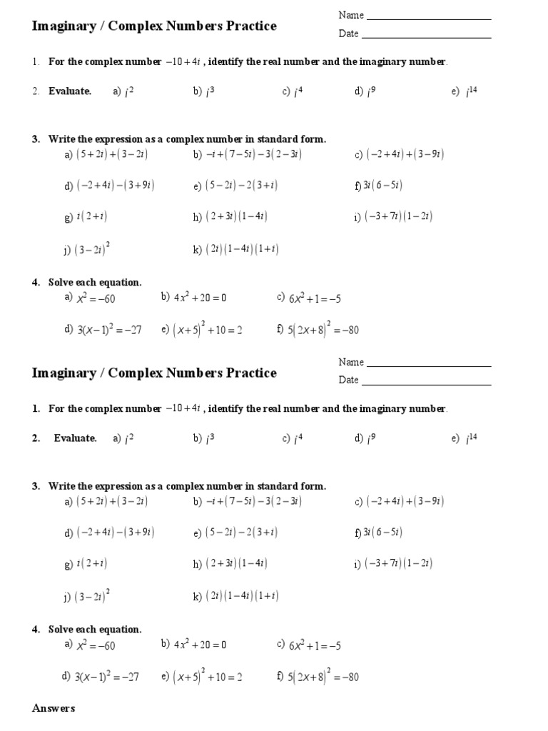 Complex Numbers Worksheet Academic Pdf Complex Number Numbers 6556