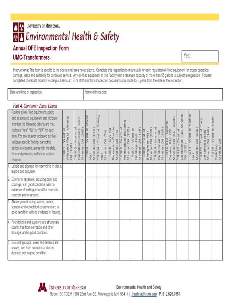 SPCC Inspection Form Transformers | Safety | Nature