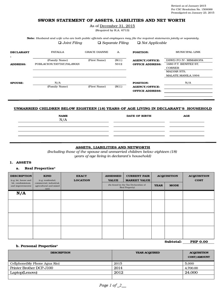 2015 SALN Form - Correct Template | Identity Document | Economies