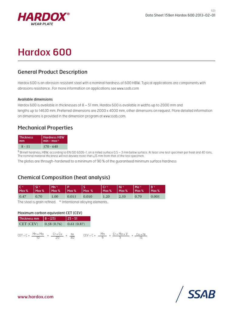 159 Hardox 600 Uk Data Sheet | PDF | Sheet Metal | Engineering Tolerance