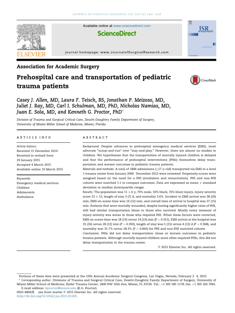 Sciencedirect: Prehospital Care and Transportation of Pediatric Trauma ...