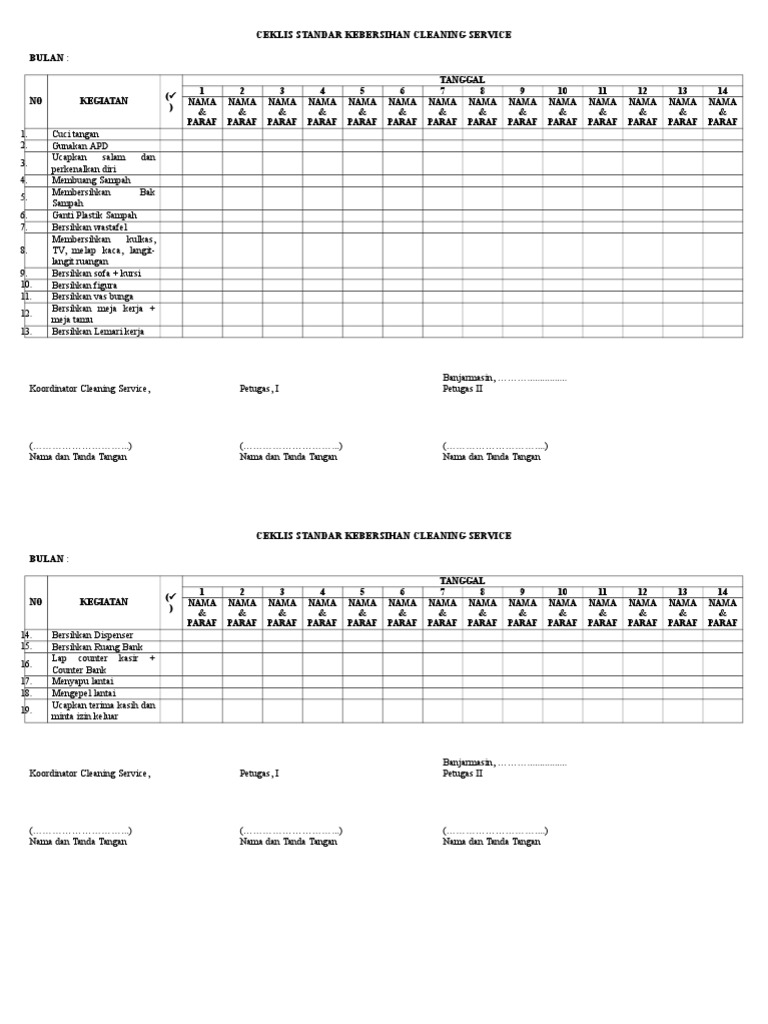 Ceklis Standar Kebersihan Cleaning Service | PDF