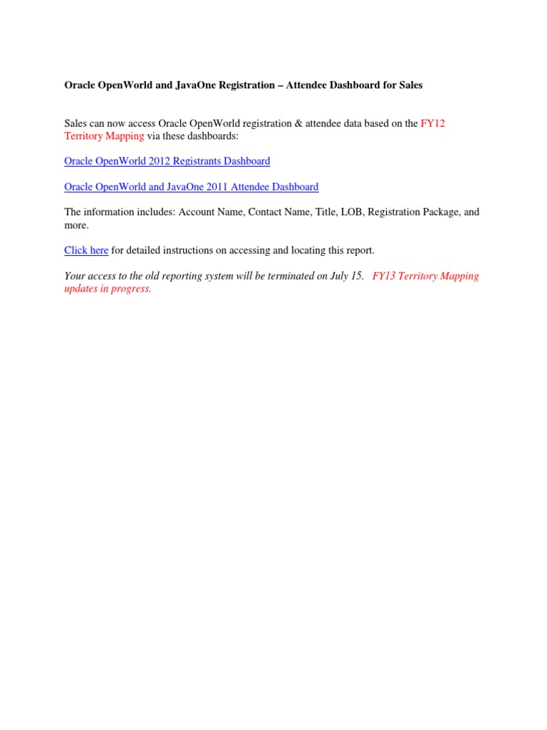 Fy12 Territory Mapping: Oracle Openworld and Javaone Registration ...