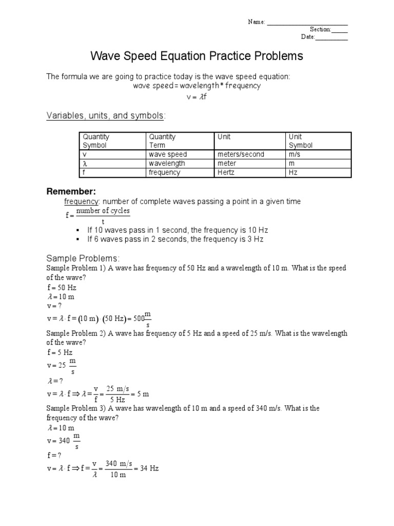 Wave Speed Worksheet PDF | PDF | Hertz | Frequency