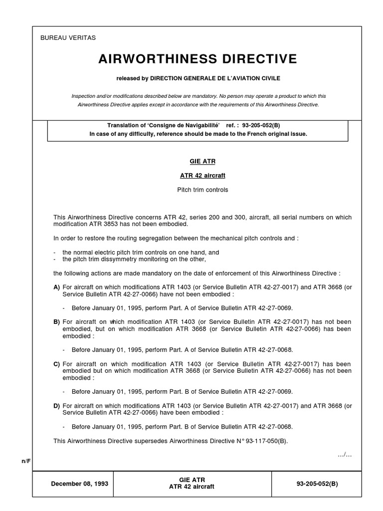 Airworthiness Directive: Released by Direction Generale de L'Aviation ...