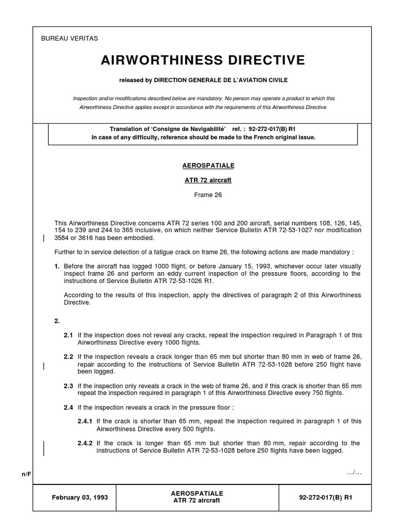 ATR 72 Airworthiness Directive 92-272-017(B) | PDF | Aircraft ...