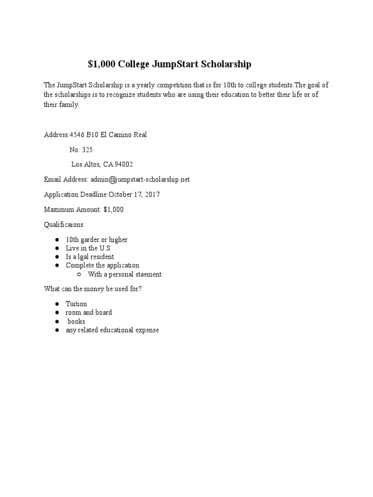 $1,000 JumpStart Scholarship Guide | PDF