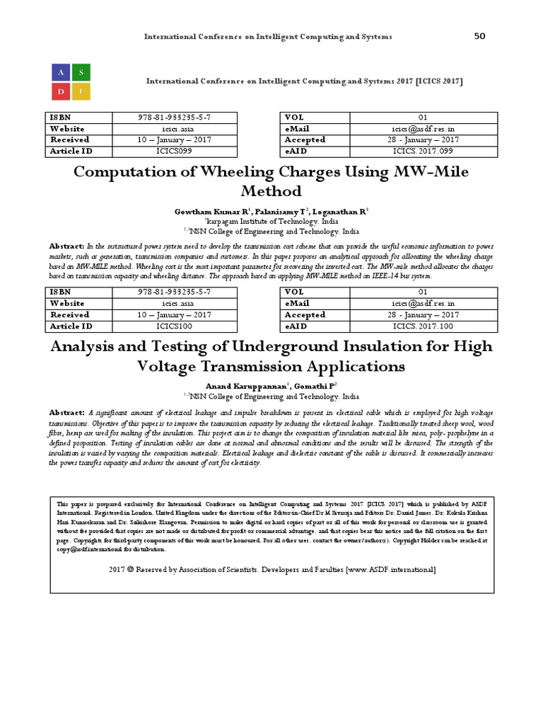 Computation of Wheeling Charges Using MW-Mile Method | PDF | Insulator ...