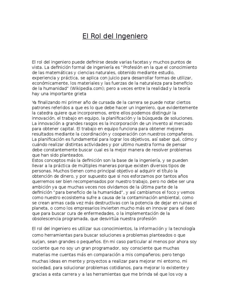 Ensayo El Rol Del Ingeniero | PDF | Ingeniería | Conocimiento