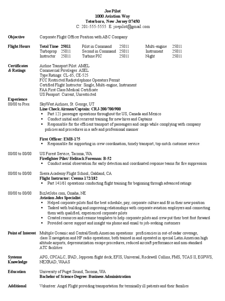 Sample Pilot Resume Template | PDF | Pilot (Aeronautics) | Flight ...