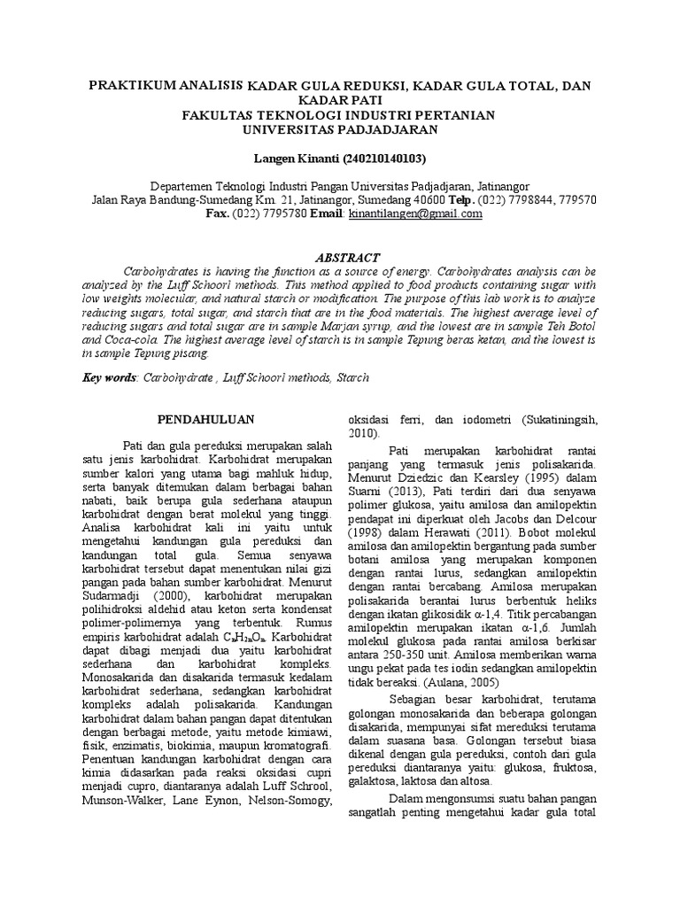 Jurnal ANALISIS KADAR GULA REDUKSI KADAR GULA TOTAL DAN KADAR PATI PDF ...