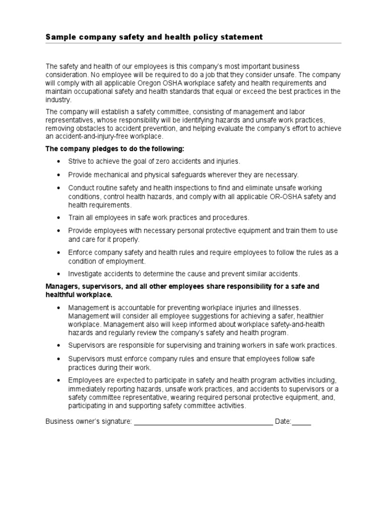 Sample Policy Statement | PDF | Occupational Safety And Health ...