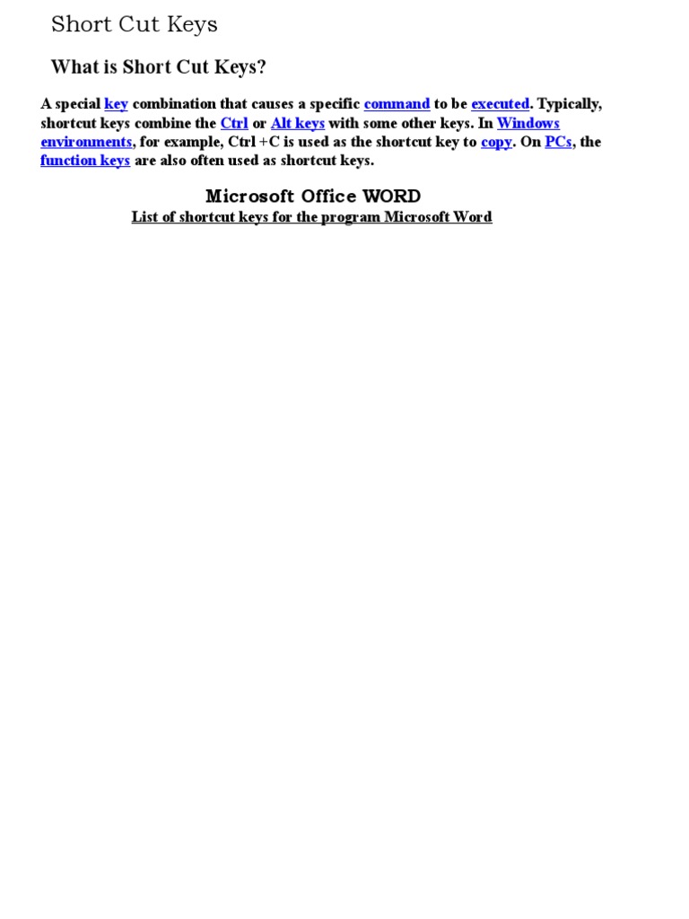 Short Cut Keys | PDF | Keyboard Shortcut | Human–Computer Interaction