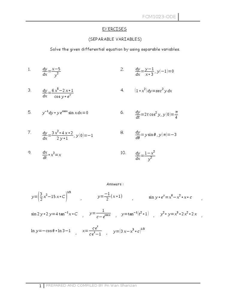 Exercise 1 Separable Variables | PDF | Differential Calculus | Algebra