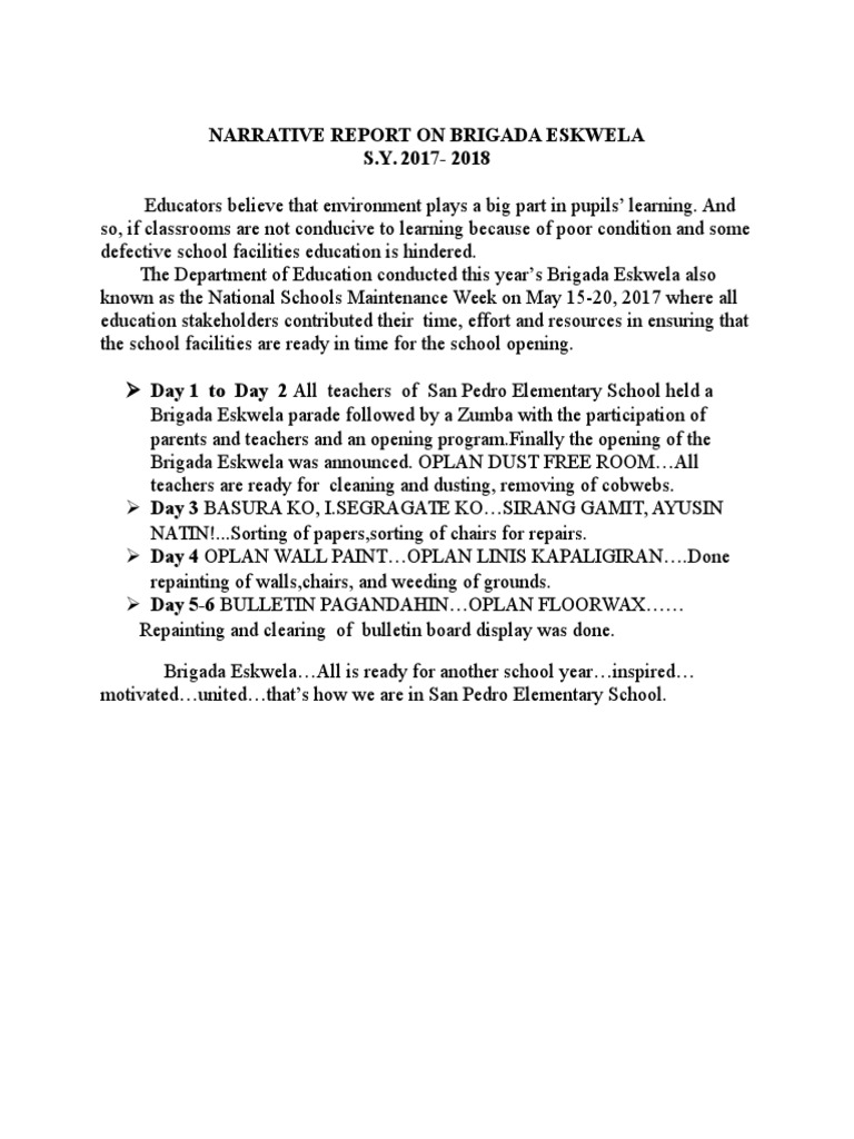 Narrative Report On Brigada Eskwela 2016-2017 | PDF