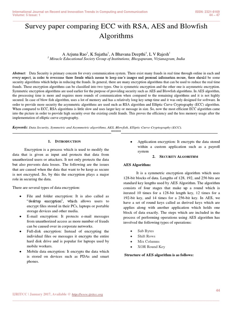 Survey Paper Comparing ECC With RSA, AES and Blowfish Algorithms | PDF ...