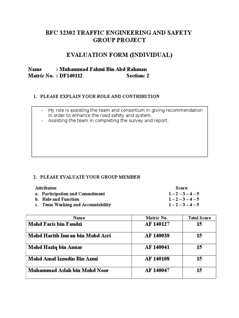 BFC 32302 Traffic Engineering and Safety Group Project Evaluation Form ...